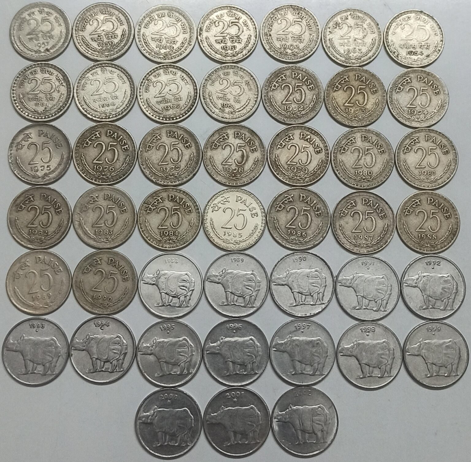 25 Naya Paise 25 Paise Complete Year wise 45 Coins Indian Coins And