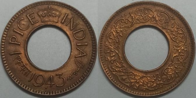 1 Pice 1943 Mumbai High Crown Large Dot Copper - Indian Coins and Stamps