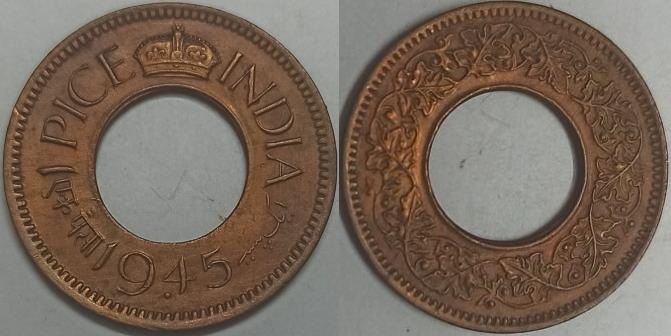 1 Pice 1945 Mumbai Flat Crown Large Dot Copper - Indian Coins and Stamps