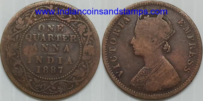 One Quarter Anna 1887 Mumbai Copper - Indian Coins and Stamps
