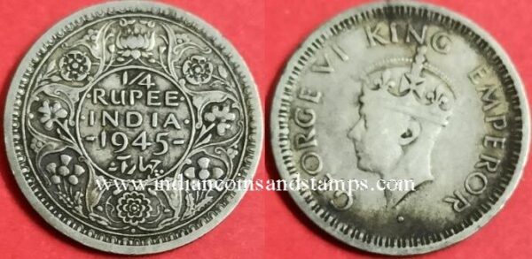1/4 Rupee 1945 (Big 5) Mumbai Half Silver - Indian Coins and Stamps