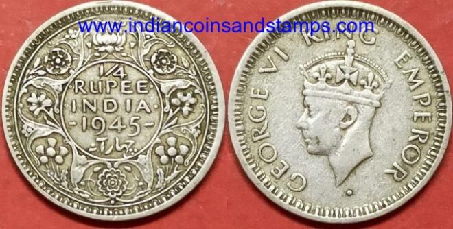 1/4 Rupee 1945 (Big 5) Mumbai Half Silver - Indian Coins and Stamps
